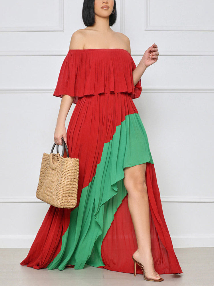 Off Shoulder Ruffle Pleated Dress
