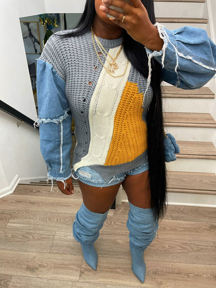 Knitted Denim Patchwork Sweaters