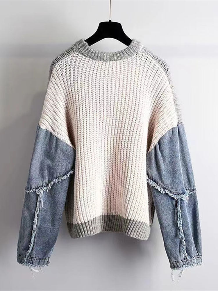 Knitted Denim Patchwork Sweaters