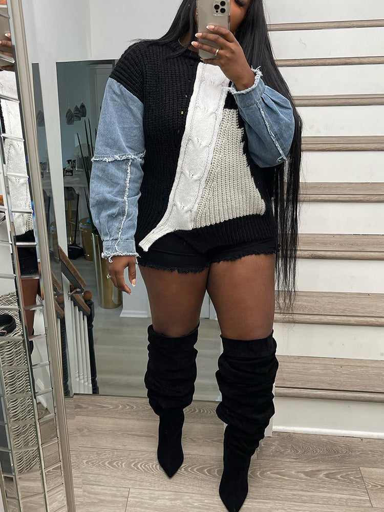 Knitted Denim Patchwork Sweaters